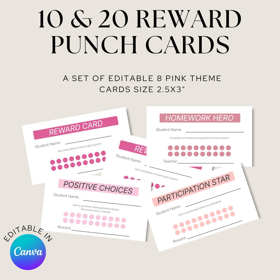 Editable Pink Punch Cards Printable | 10/20 Hole Reward Cards ...
