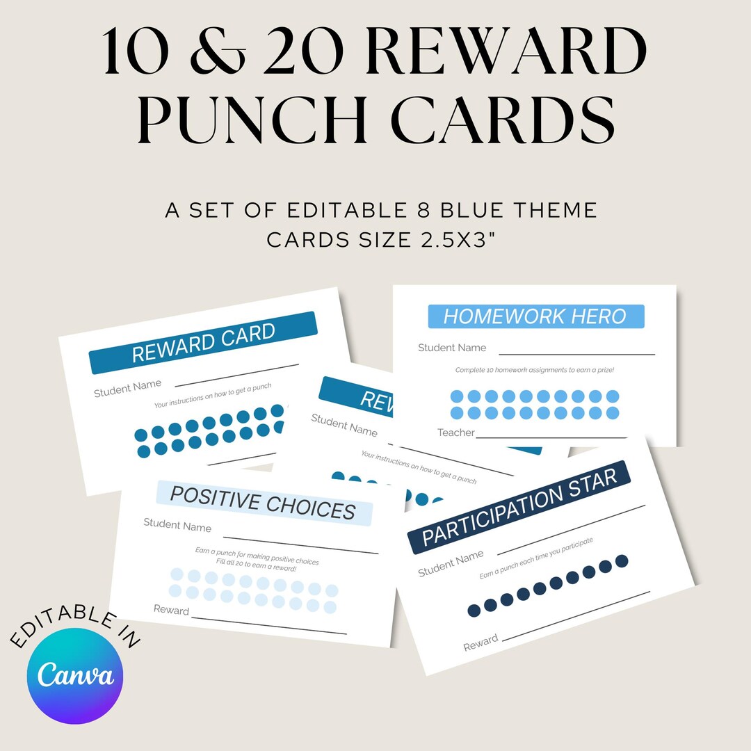 Editable Blue Punch Cards Printable | 10/20 Hole Reward Cards ...
