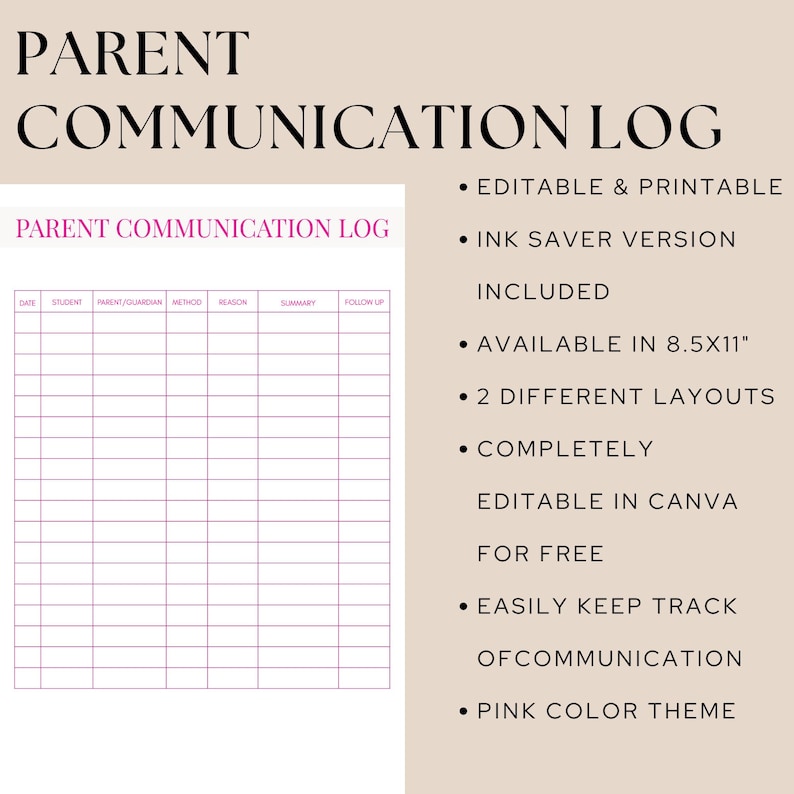 Pink Parent Communication Log Printable, Teacher Parent Contact Log ...