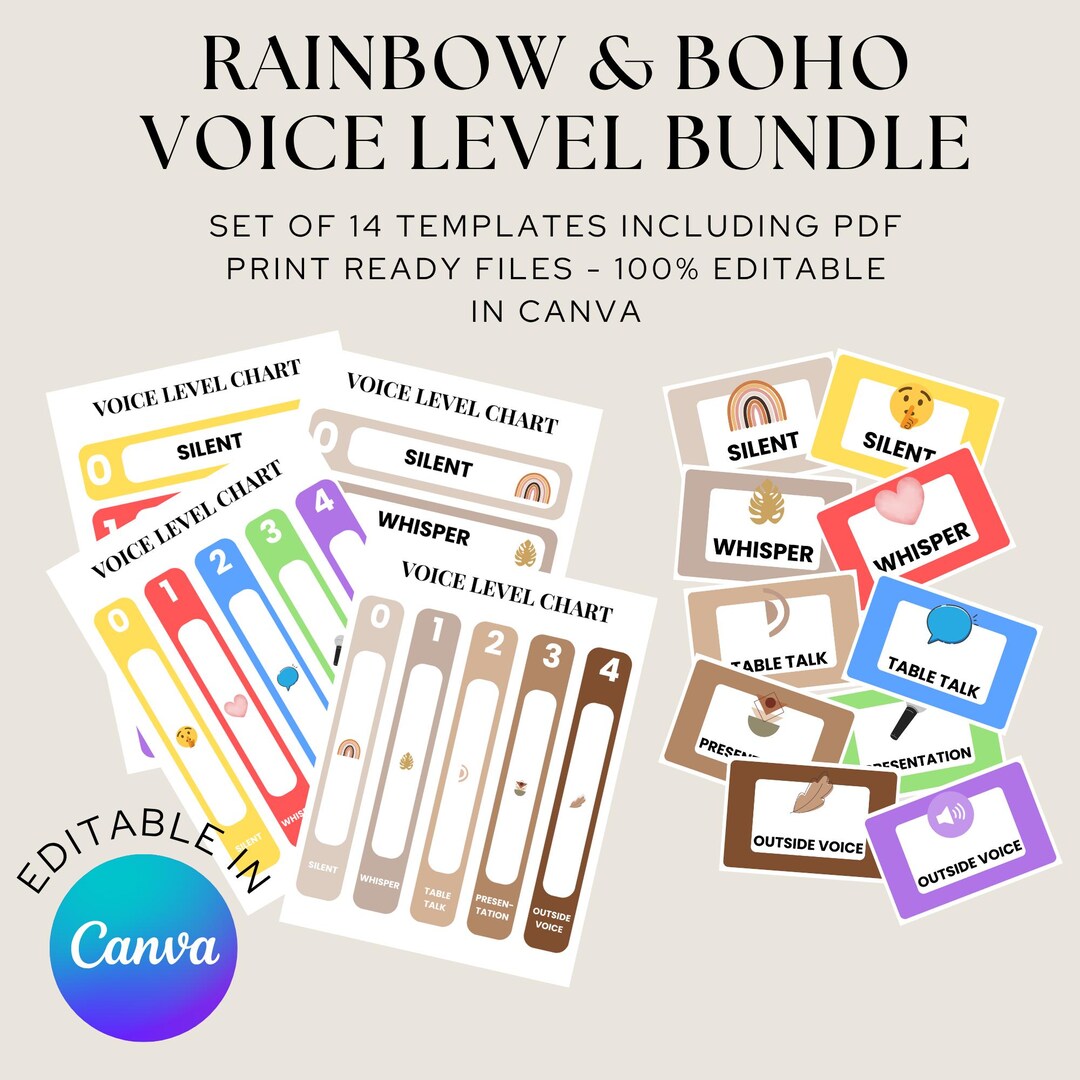 Voice Level Chart Classroom Printable Bundle | Boho Neutral + Rainbow ...