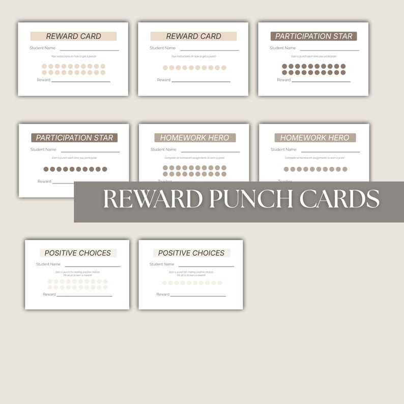 Editable Neutral Punch Cards Printable | 10 and 20 Hole Reward | Boho ...