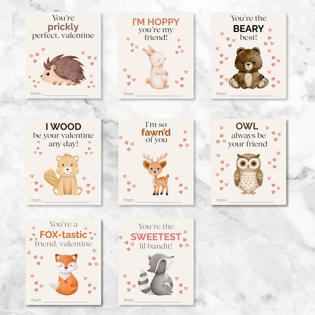 Woodland Animals Valentine Cards | Kids Classroom Set (PDF & PNG) - Etsy