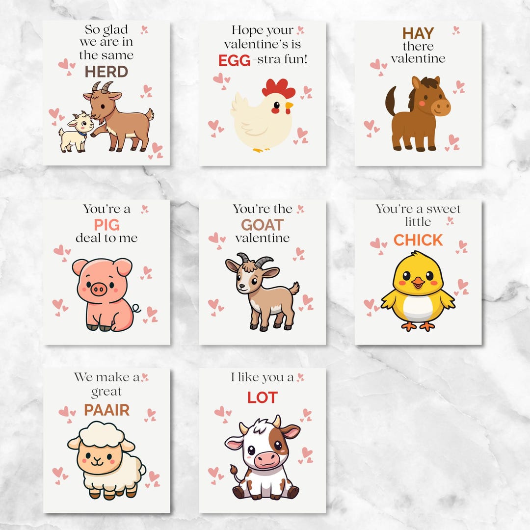 Farm Animal Classroom Valentines Cards | Kids Valentine Set | Printable ...