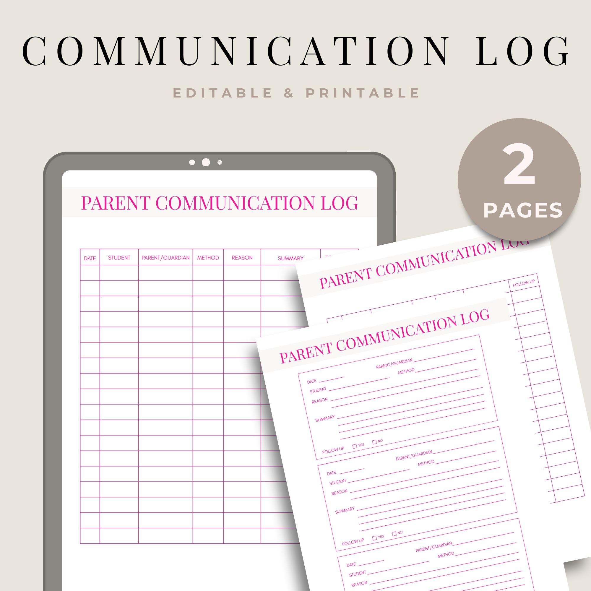 Pink Parent Communication Log Printable, Teacher Parent Contact Log ...