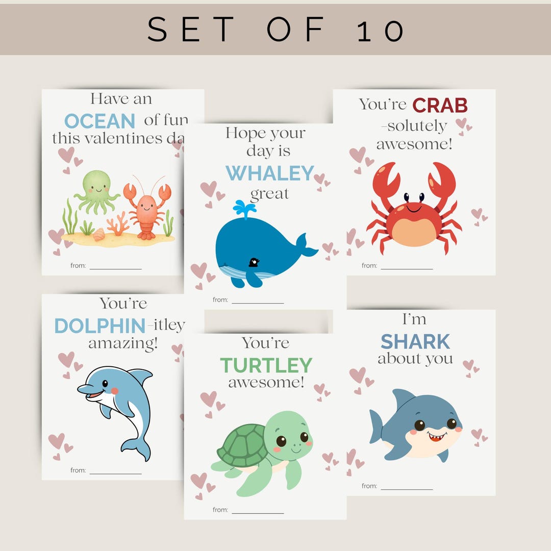 Ocean Animal Classroom Valentines Cards | Kids Set of 10 | Printable ...