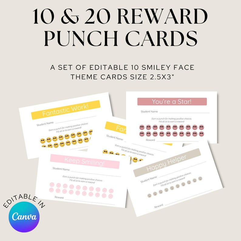 Smiley Face Punch Cards Printable Classroom Reward System, Student ...