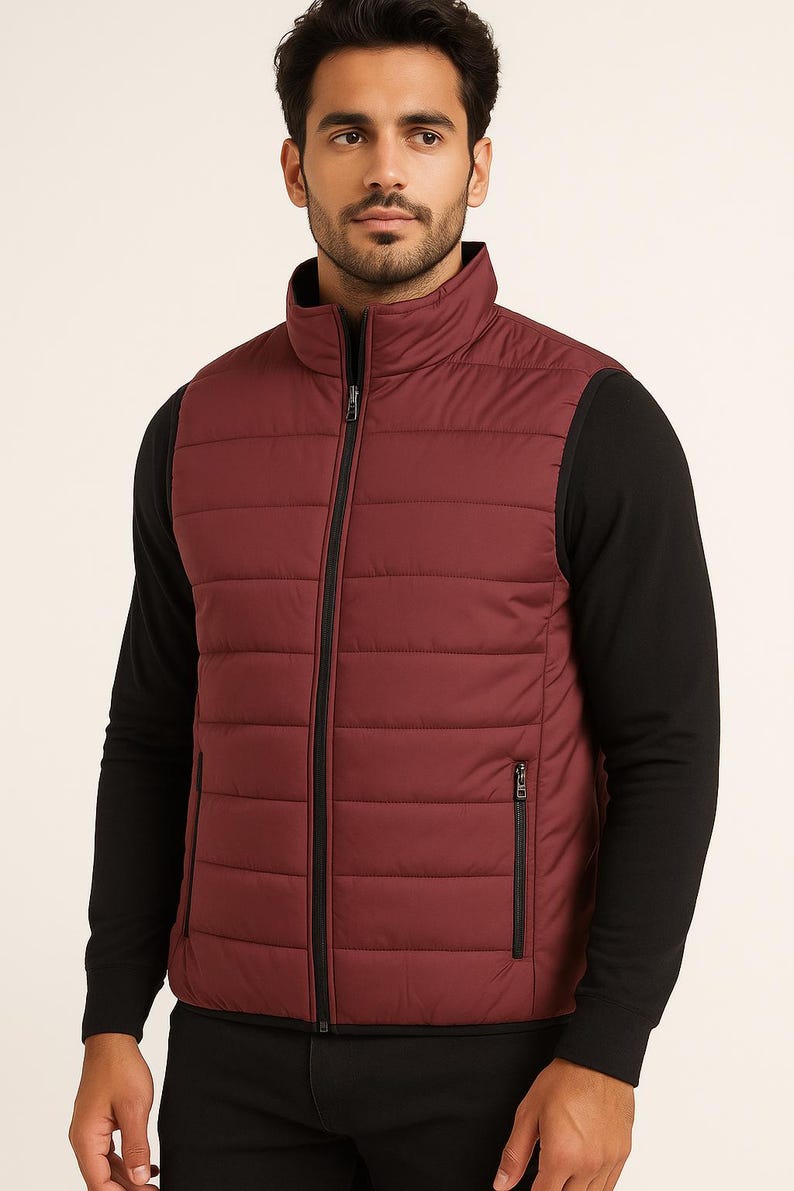 Men’s Maroon Puffer Vest – Lightweight Quilted Zip-up Gilet – Winter ...