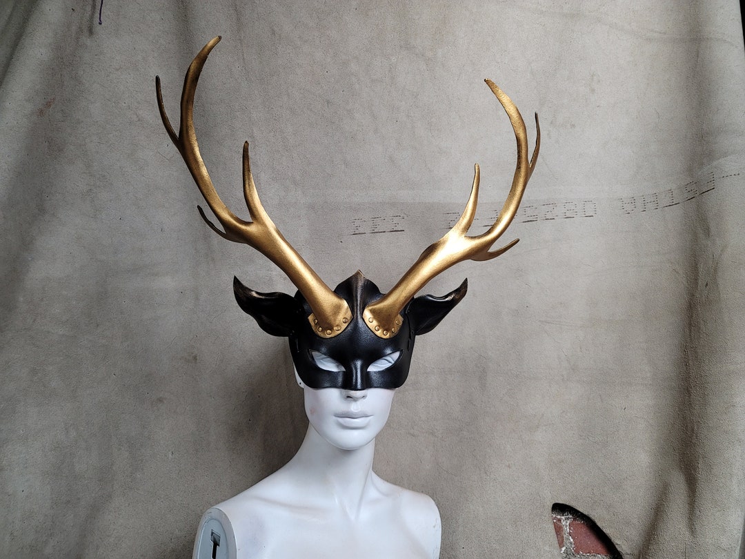 Stag Leather Deer Mask Unisex Tall Gold Antlers - Etsy