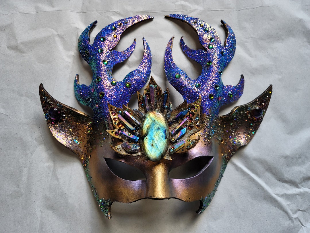 Jeweled Dark Banshee Deer Mask in Labradorite, Quartz, Crystal ...