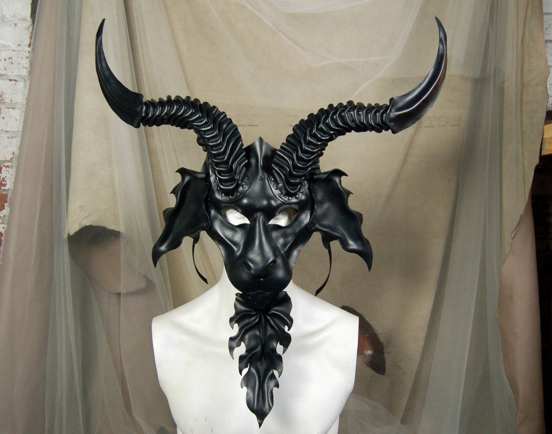 Baphomet Leather Mask Classic Style Huge Horns in Black MADE TO ORDER ...