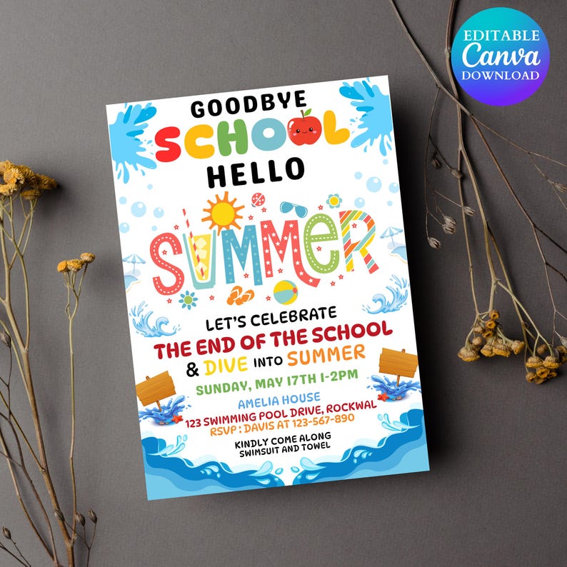 Goodbye School Hello Pool Invitation Template, End of School Party ...