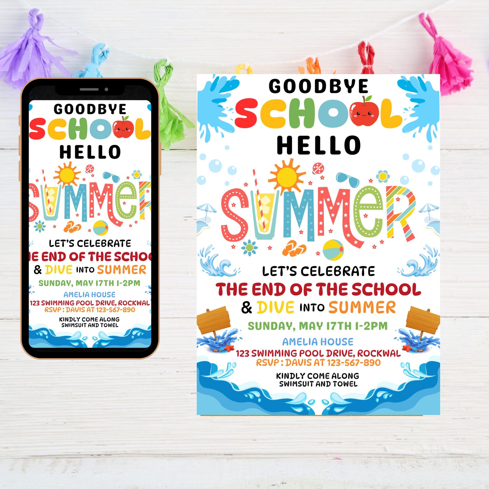 Goodbye School Hello Pool Invitation Template, End of School Party ...