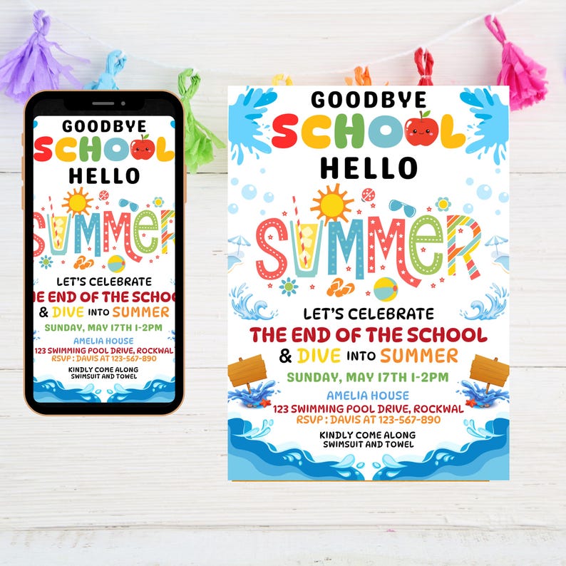 Goodbye School Hello Pool Invitation Template, End of School Party ...