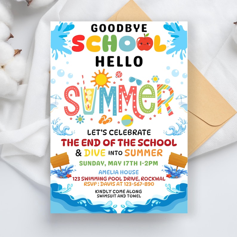 Goodbye School Hello Pool Invitation Template, End of School Party ...