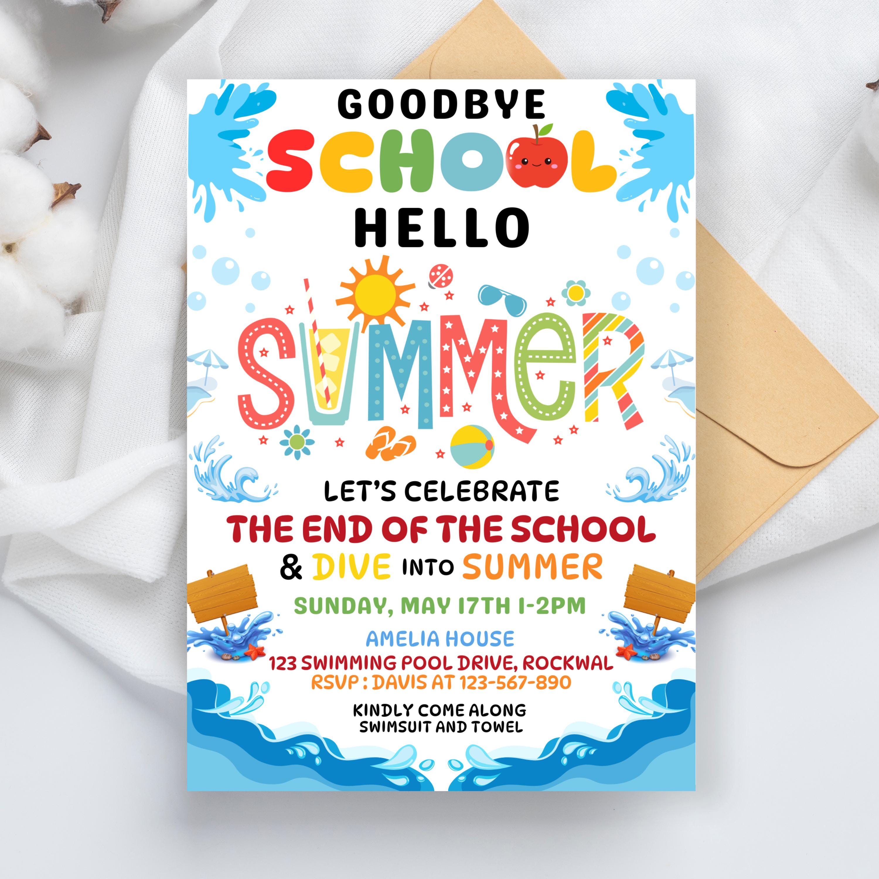 Goodbye School Hello Pool Invitation Template, End of School Party ...