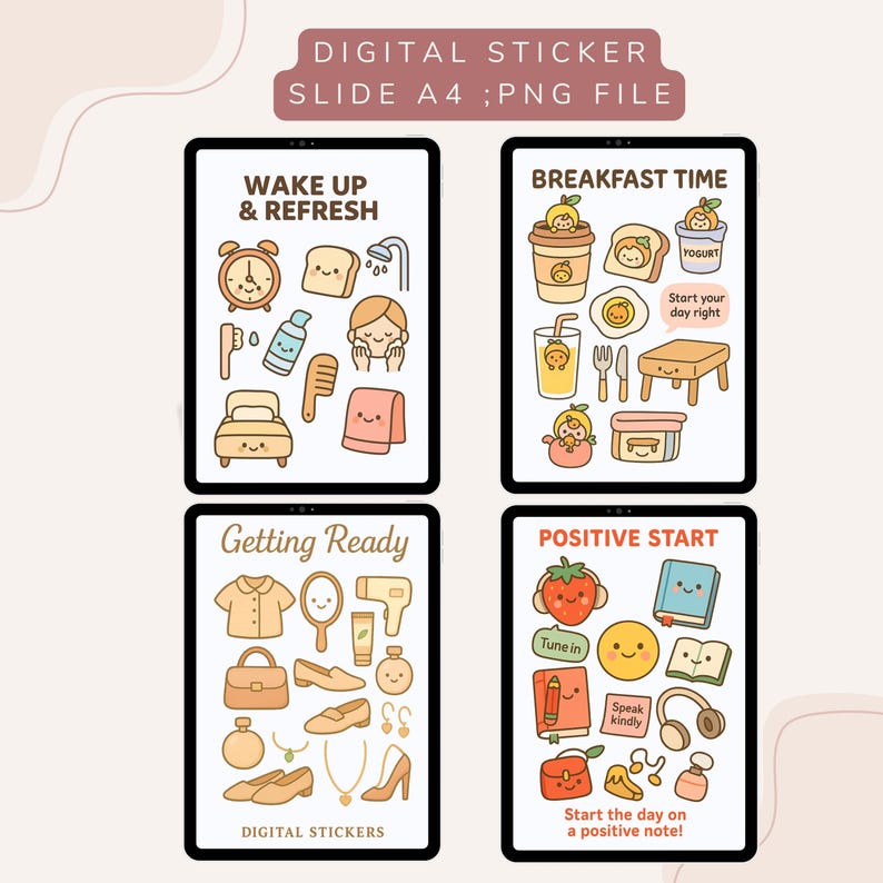 Morning Routine Sticker Bundle – 4 A4 Cute Digital Planner Sheets - Etsy