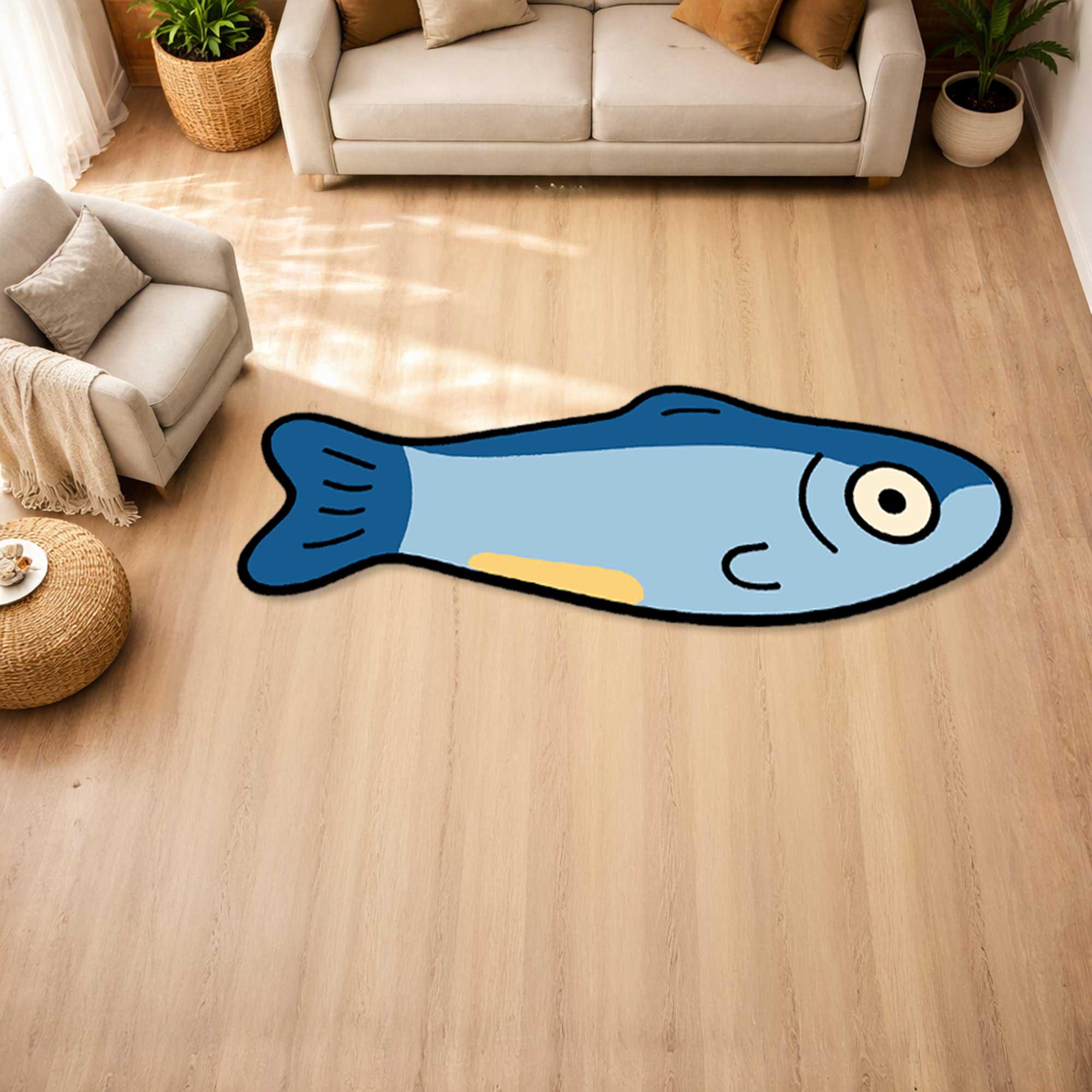Modern Fish Area Rug, Minimal Coastal Living Room Carpet, Cute Blue Sea ...
