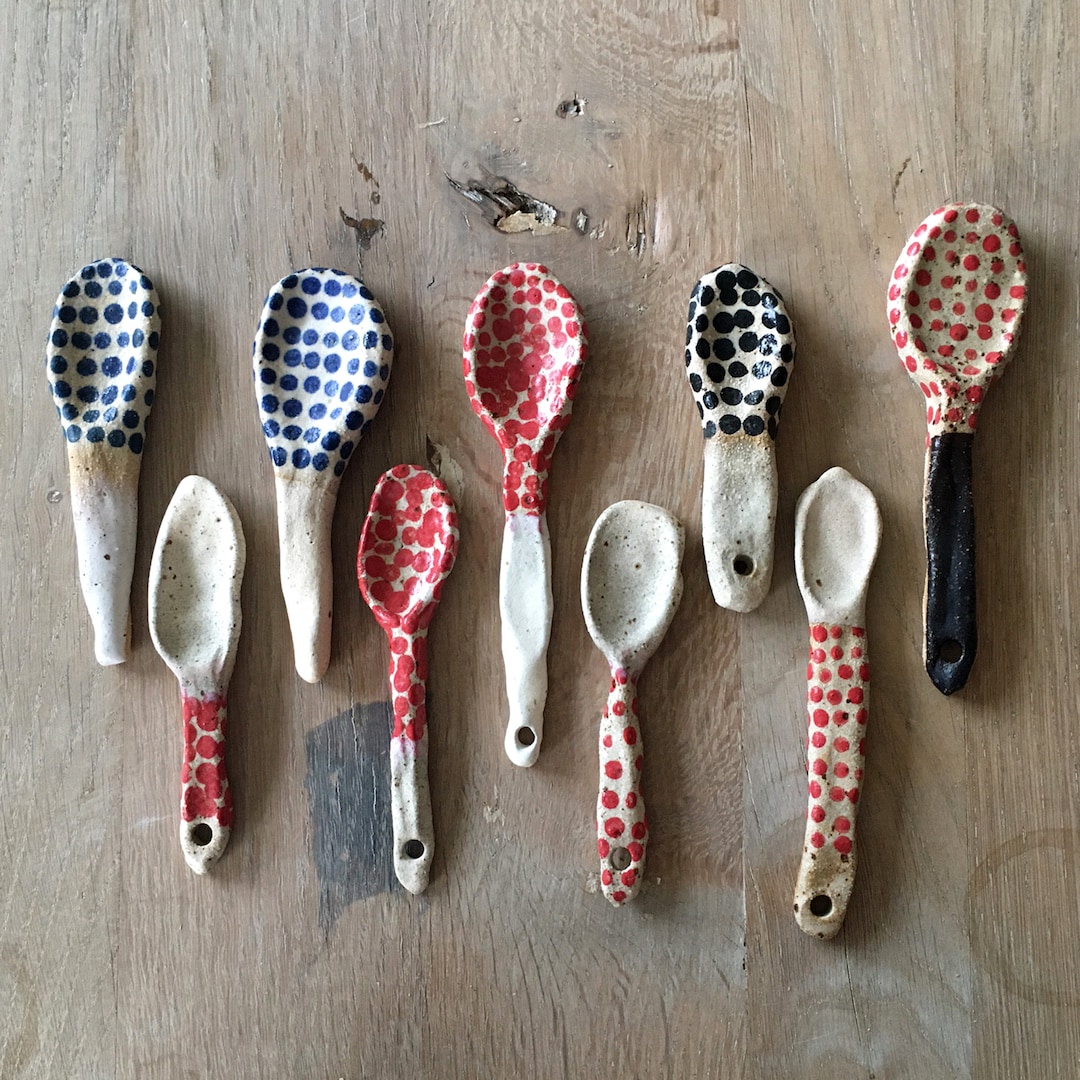 CUSTOM Clay Spoons, Blue Polka Dots Spoons, Unique Pottery Salt Sugar ...