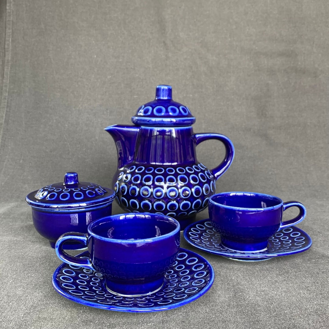 Vintage Blue Polka Dots Rusalka Ceramic Tea Set. Textured Pattern ...