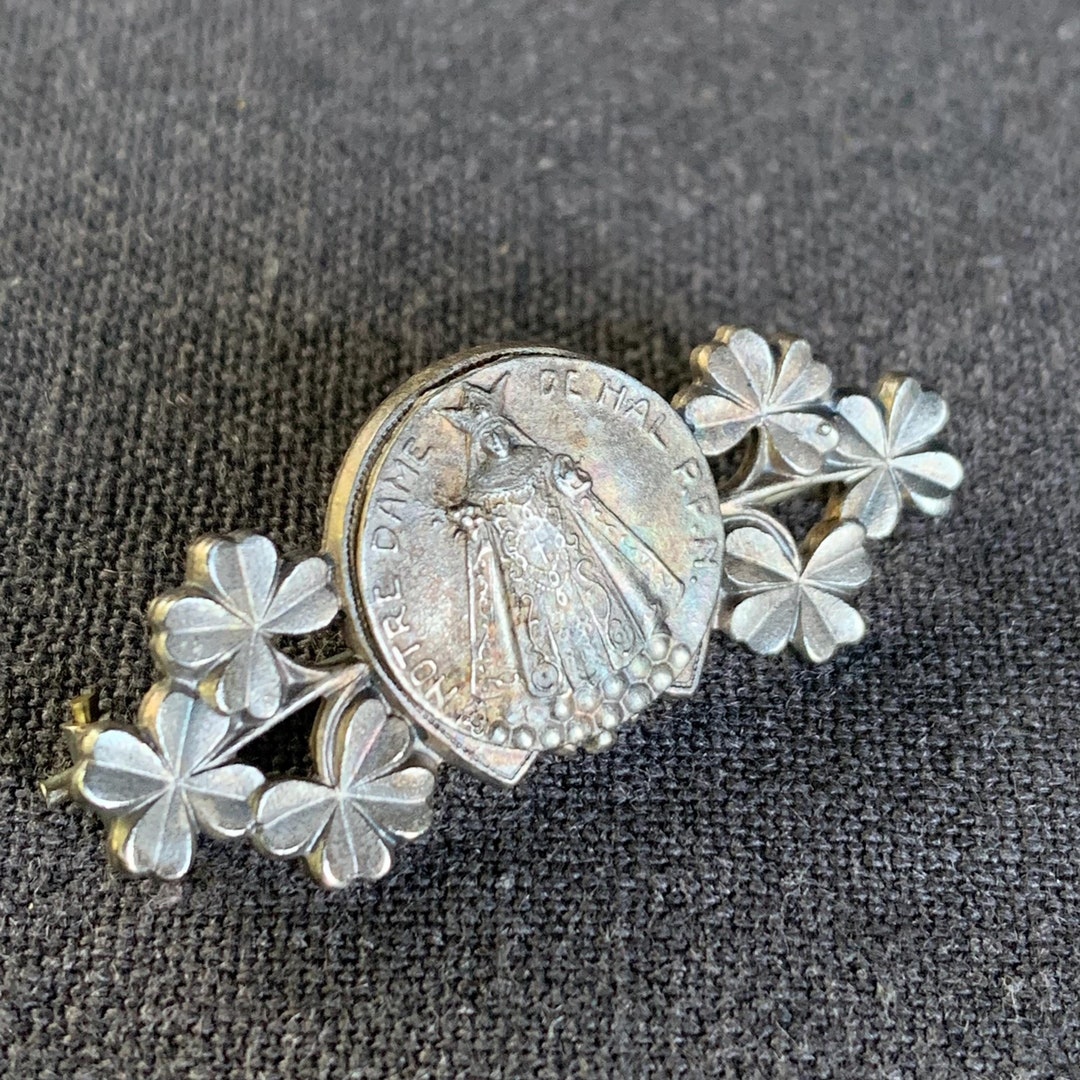 Vintage Religious Memorabilia Brooch With Clovers. Silvery Pilgrimage ...