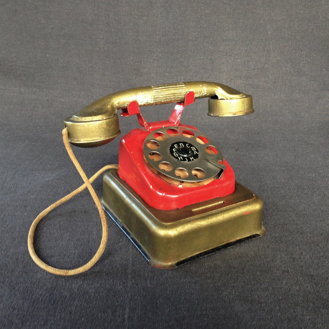 Red and Gold Antique Tin Toy Telephone. Rescued Vintage Money Box ...