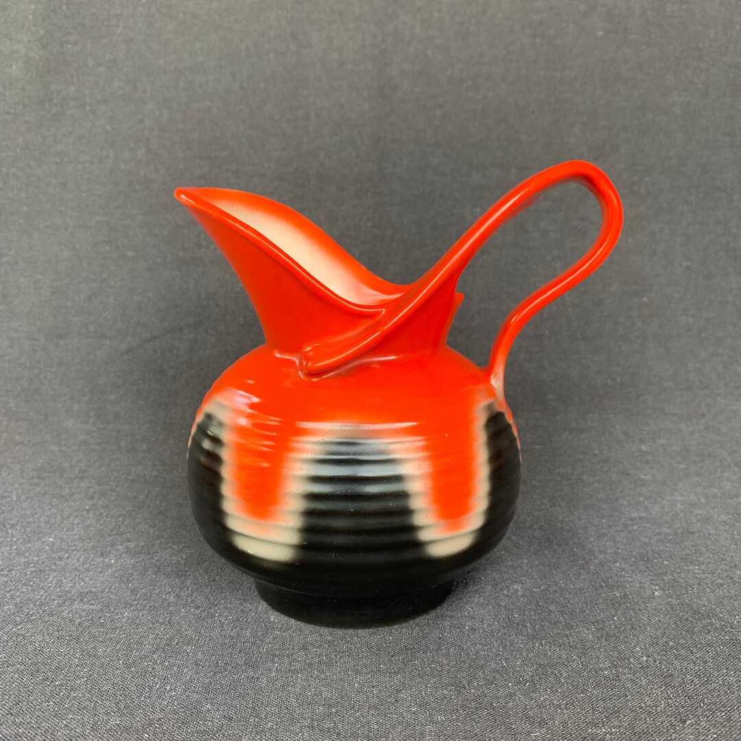 Retro Mod Czechoslovakia Pitcher Vintage Red Orange Ceramic Carafe Mid ...