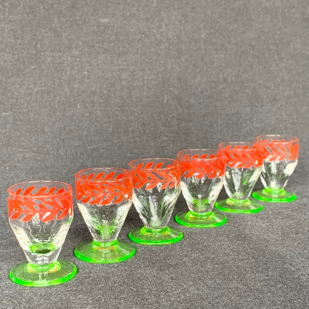 Green Uranium Miniature Shot Liquor Glasses Set of 6. Vintage Ouraline ...