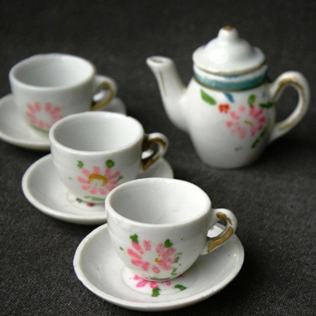 Miniature Antique Tiny Porcelain Tea Set. Dollhouse Collectible Ceramic ...