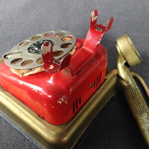 Red and Gold Antique Tin Toy Telephone. Rescued Vintage Money Box ...