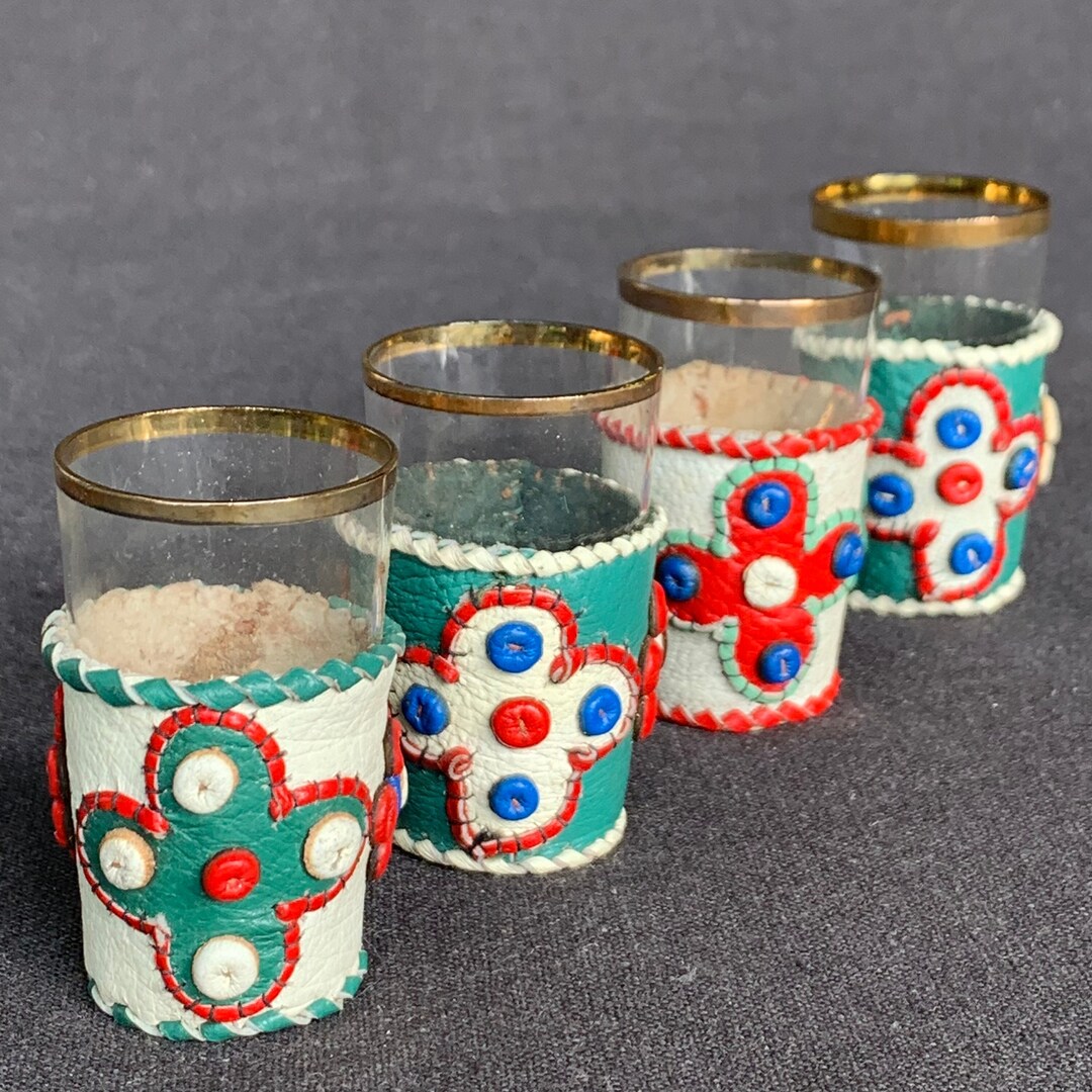 Retro Shot Liquor Glasses With Leather Cover Mid Century Folk Etsy