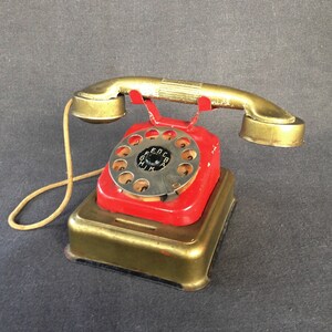 Red and Gold Antique Tin Toy Telephone. Rescued Vintage Money Box ...