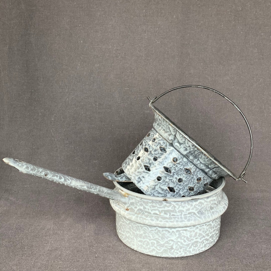 Vintage Gray Enamel Pot and Strainer Colander. Antique Cooking Utensil ...