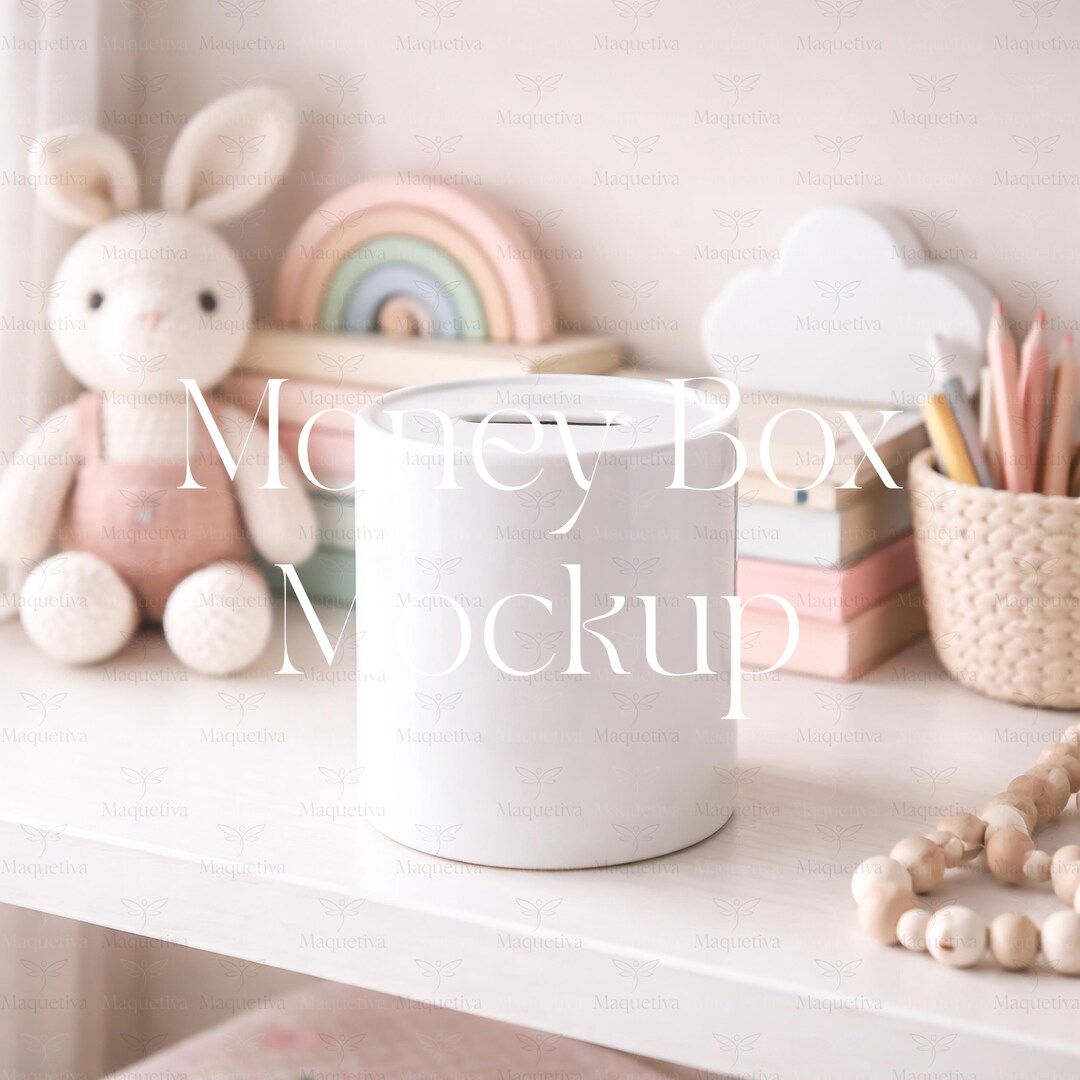 Money Box Mockup, White Ceramic Coin Bank Mockup, Kids Room Shelf Piggy ...