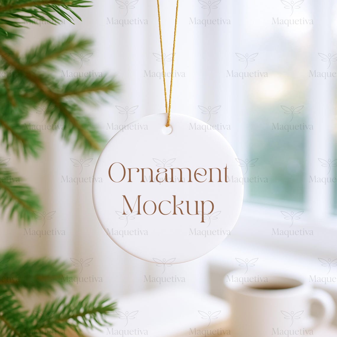 Round Ornament With Gold String Mockup, Ceramic Ornament Mockup, White ...