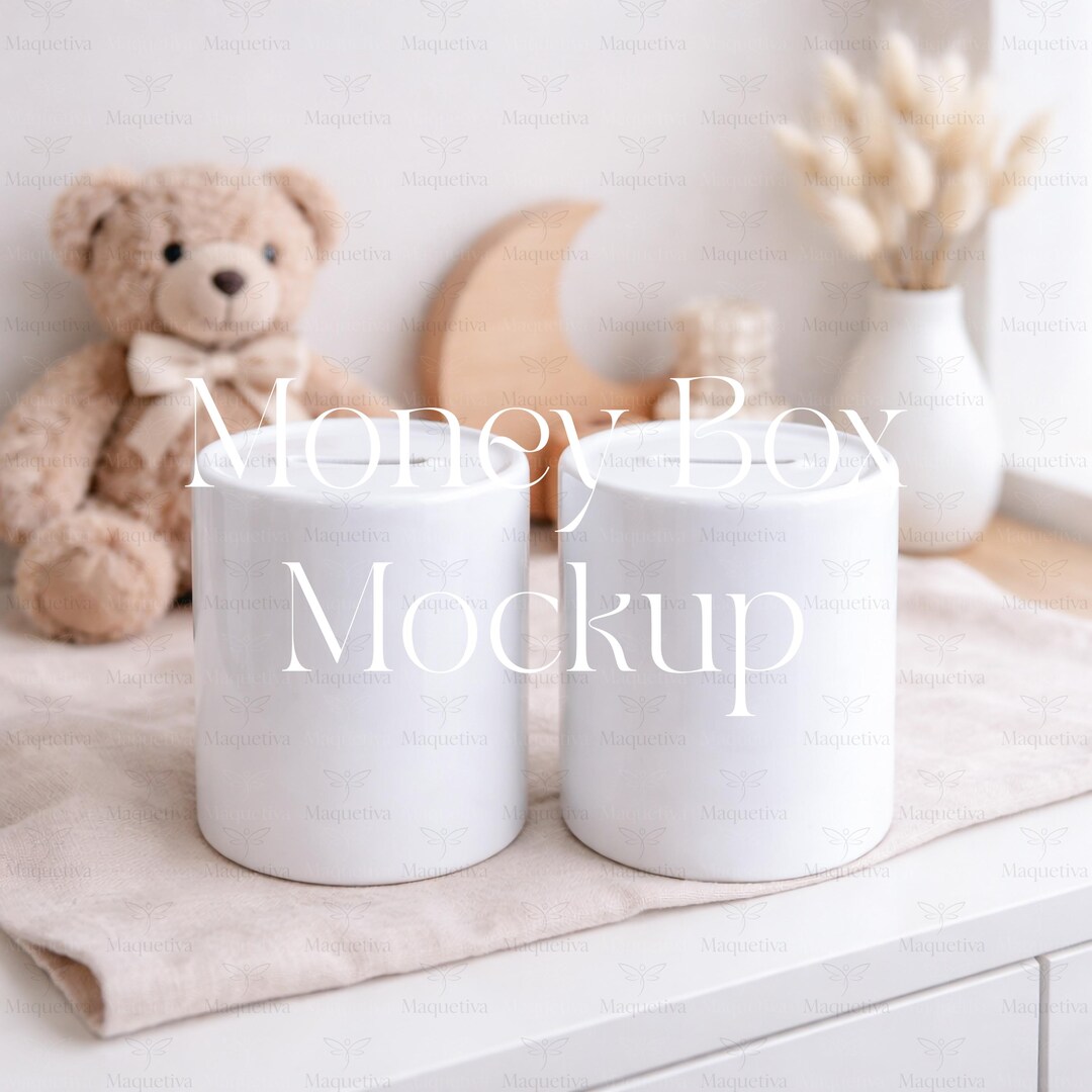 Two Money Box Mockup, White Ceramic Coin Bank Mockup Set, Cozy Kids ...