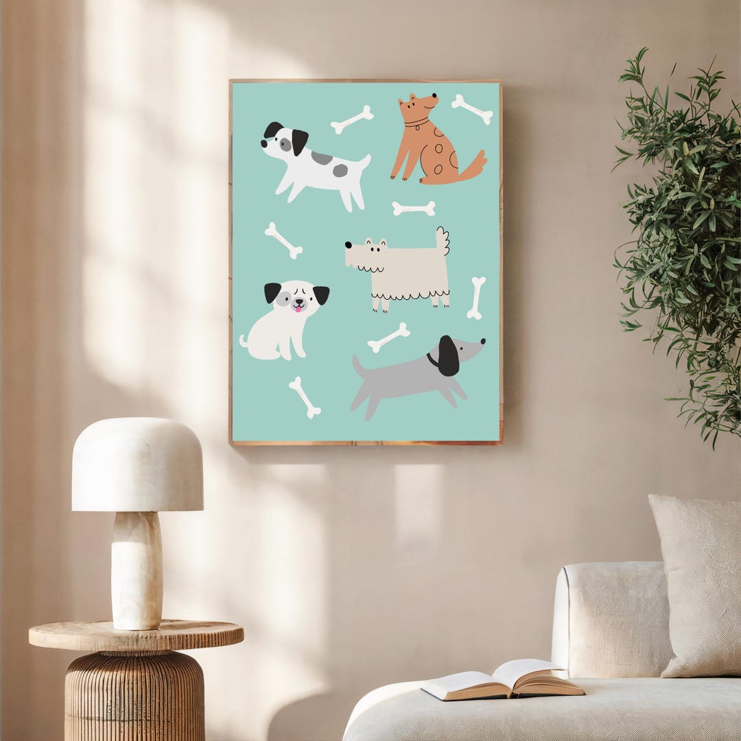 Cartoon Dog Wall Art, Cute Puppy Poster Printable, Dog Nursery Room ...