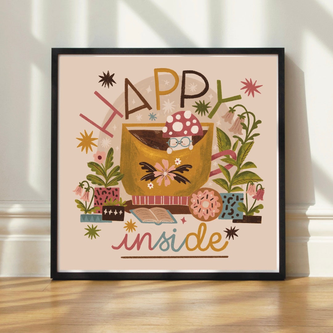 Square Art Print | Happy Inside Cute Wall Art | Hand Lettering ...