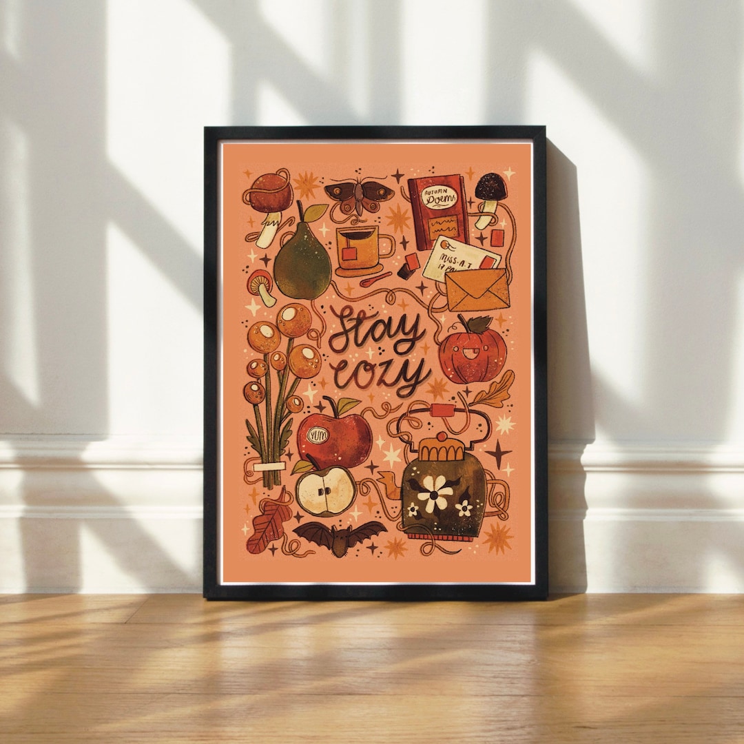 A3 Art Print | Stay Cozy | Hand Lettering Illustration Cute Cottagecore ...