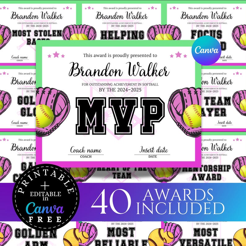 Printable Funny Softball Awards,editable Softball Award, Softball Award ...