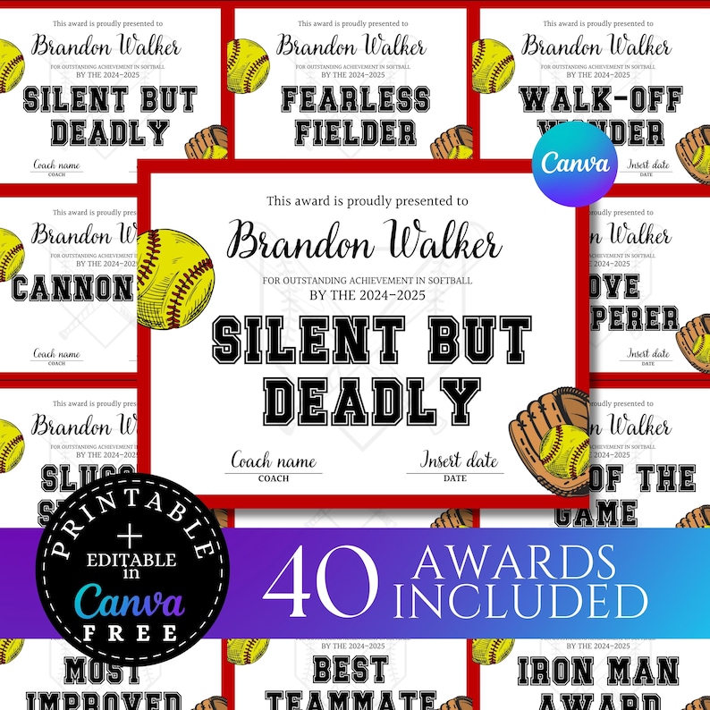 Printable Funny Softball Awards,editable Softball Award, Softball Award ...