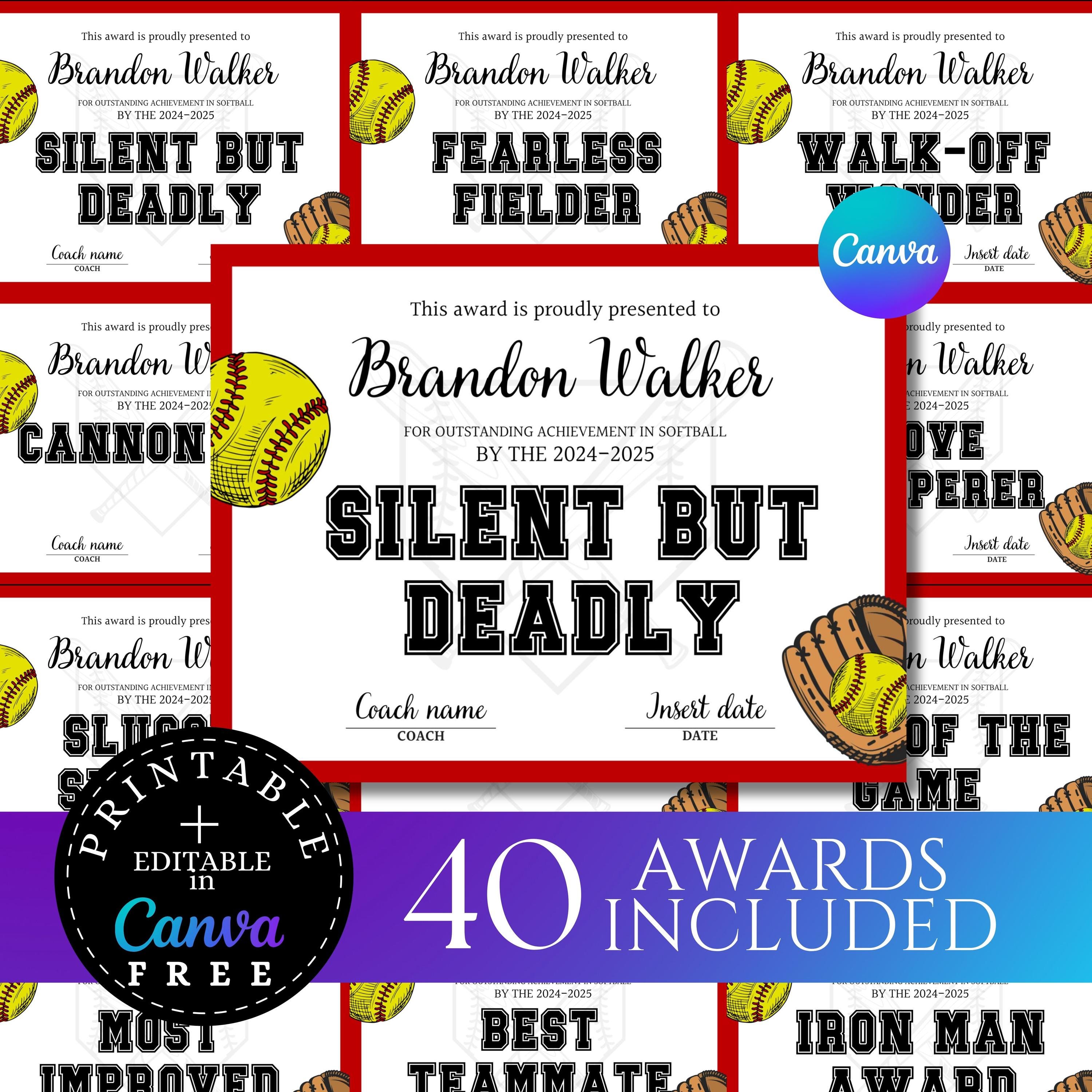 Printable Funny Softball Awards,editable Softball Award, Softball Award ...