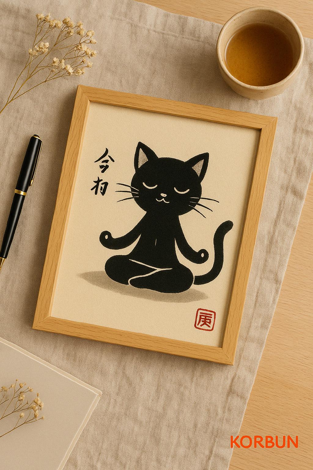 Zen Cat Meditation Wall Art – Minimalist Japanese Style Black Cat ...