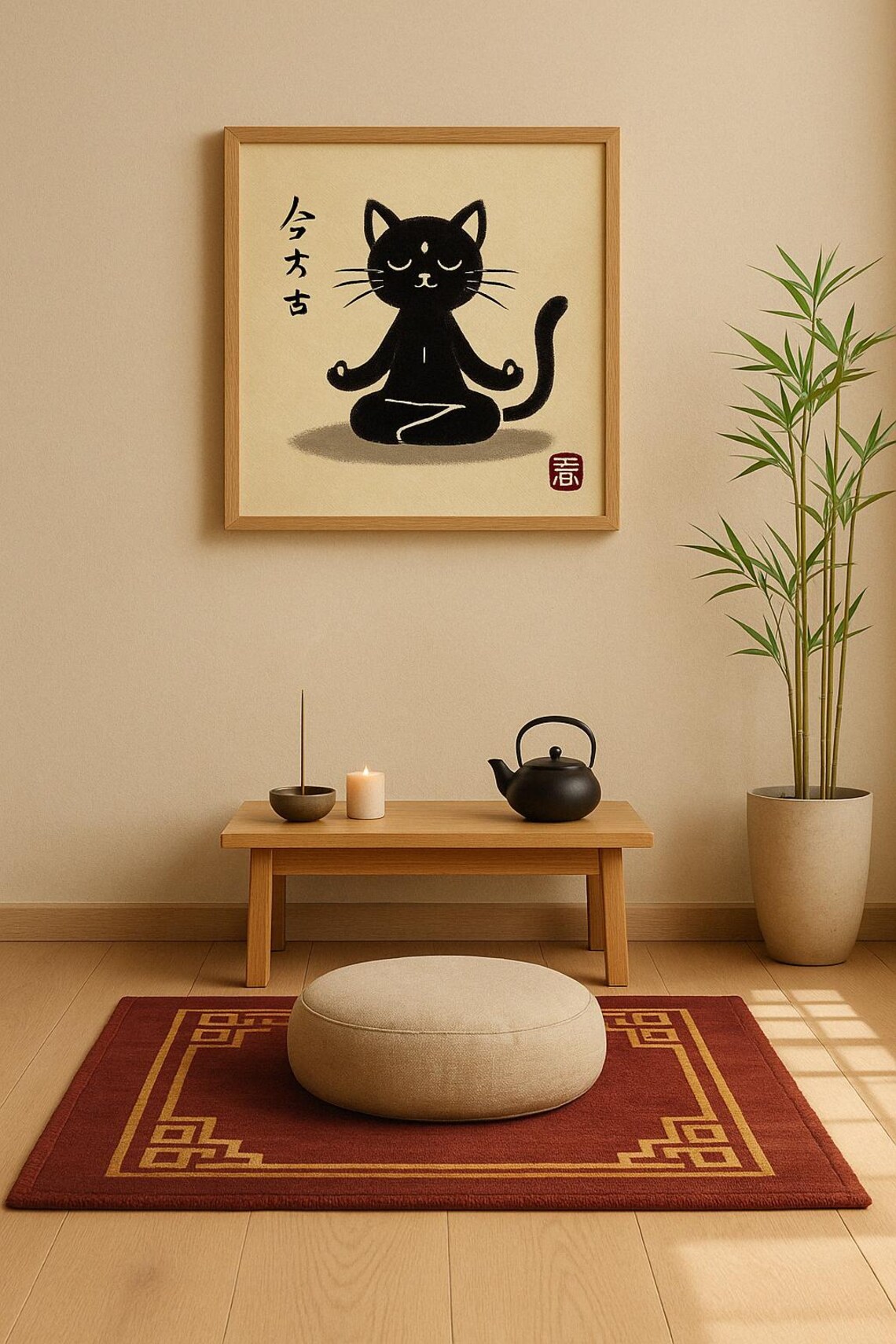 Zen Cat Meditation Wall Art – Minimalist Japanese Style Black Cat ...