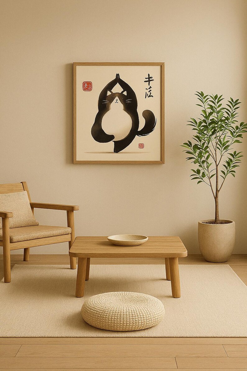 Zen Yoga Cat Wall Art – Japanese Minimalist Printable Poster | Tree ...