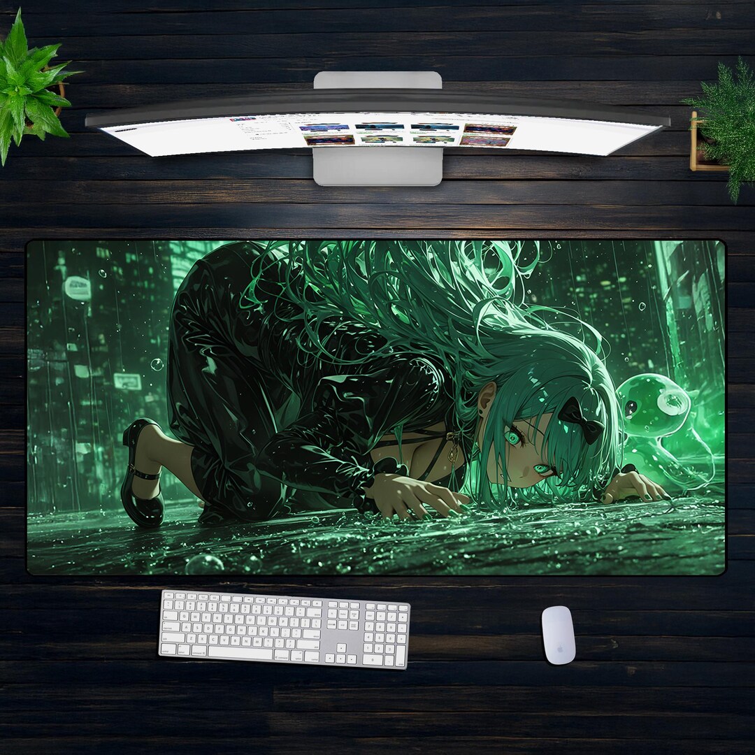 Cyberpunk Slime Girl XXL Desk Mat – Neon Green Anime Mouse Pad With ...