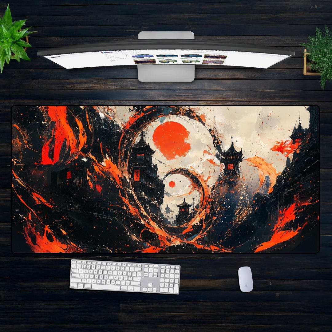 Fiery Temple Fantasy XXL Mouse Pad – Dark Asian Aesthetic Desk Mat ...