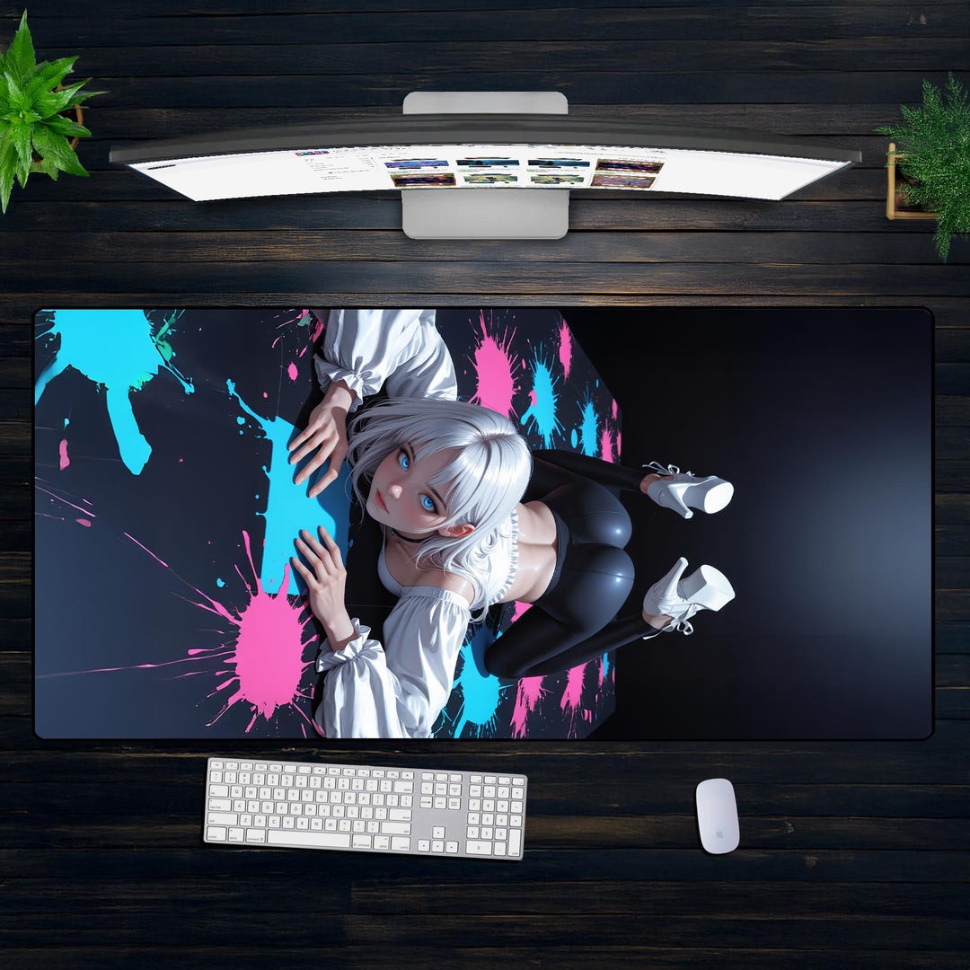 Paint Splash Baddie XXL Mouse Pad – Anime Girl Desk Mat, Silver Hair ...