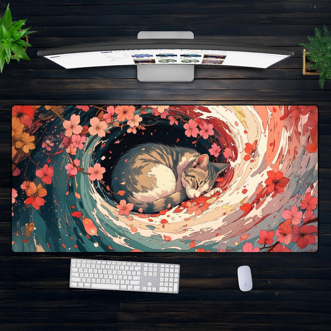 Floral Cat Nap Desk Mat - XXL Cozy Gaming Mouse Pad With Sleeping Kitty ...