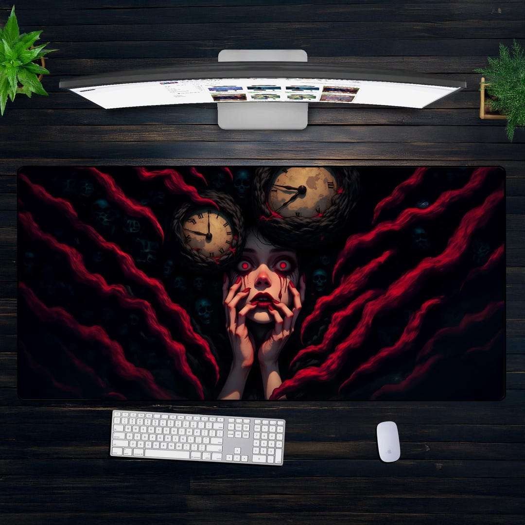 Horror Surreal Anime XXL Mouse Pad – Gothic Clock Face Desk Mat | Dark ...