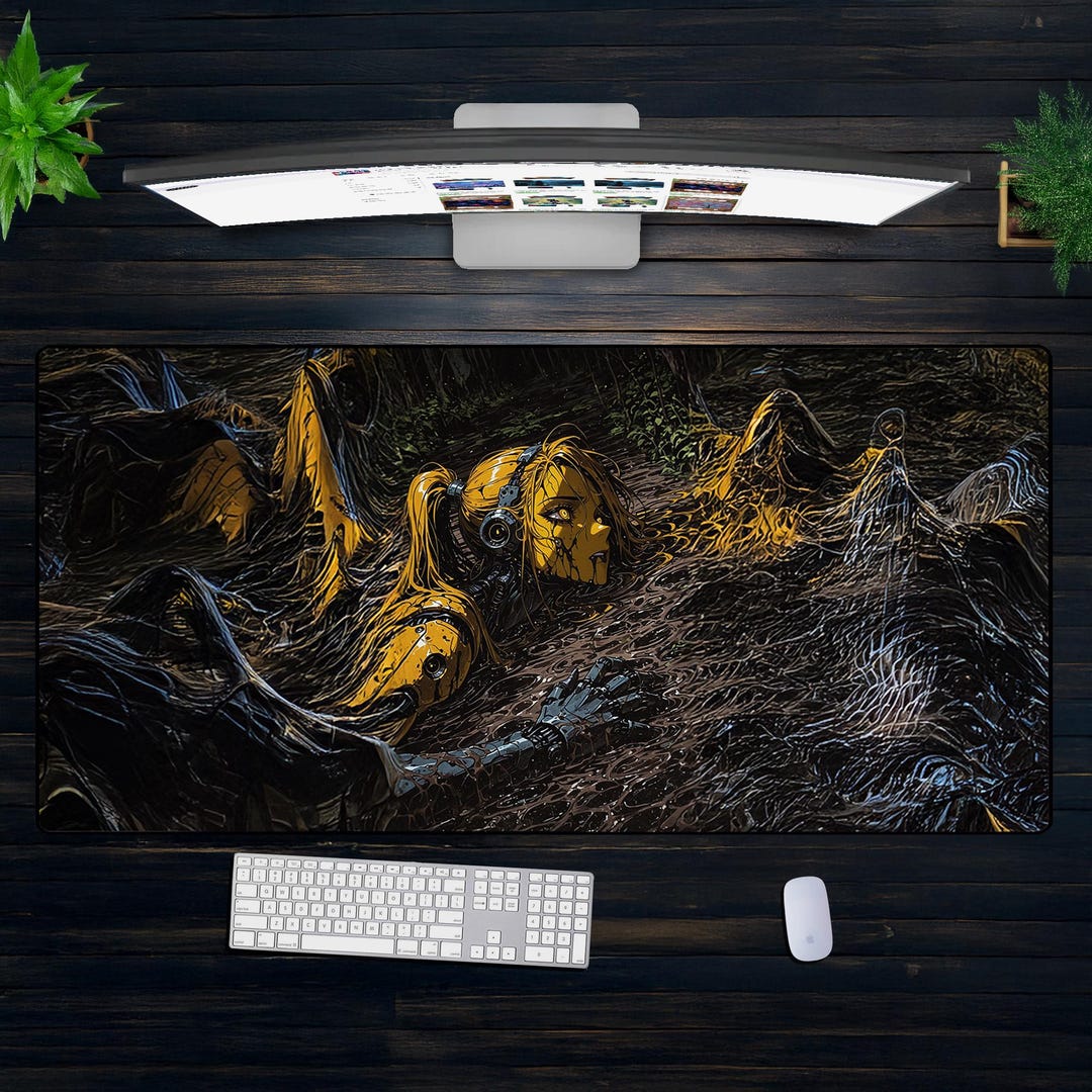 Robot Girl in Swamp XXL Mouse Pad, Dystopian Sci-fi Desk Mat, Surreal ...